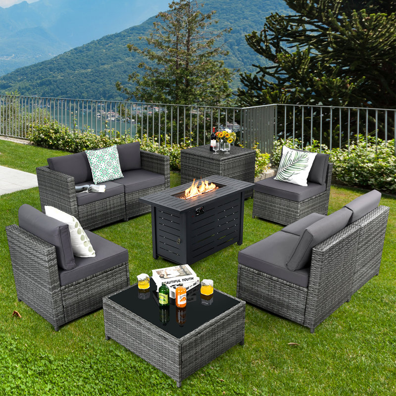 Tangkula 9 Pcs Rattan Dinning Set Wicker Sofa w Propane Gas Fire Pit 60 000 BTU Heater Grey